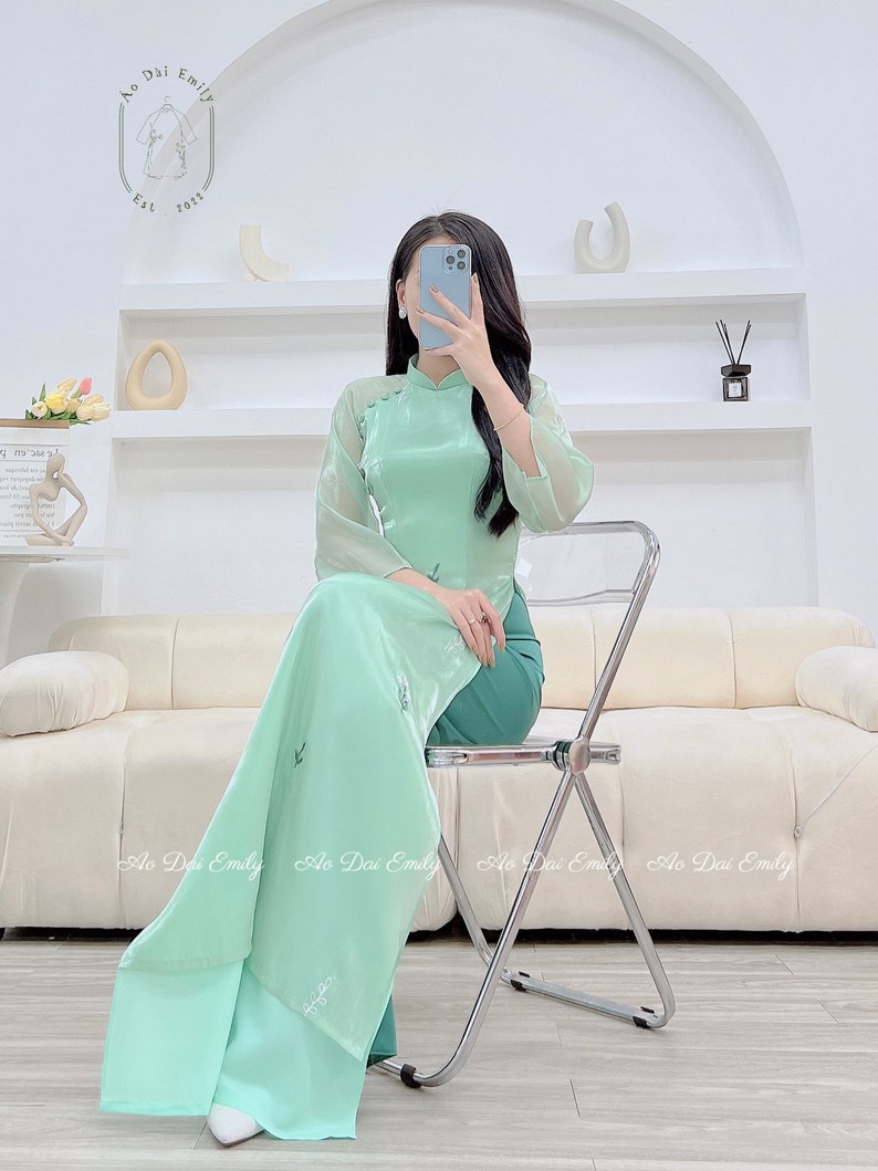 Light Green Double Layers Modern Ao Dai Set With Embroidery Flowers ...