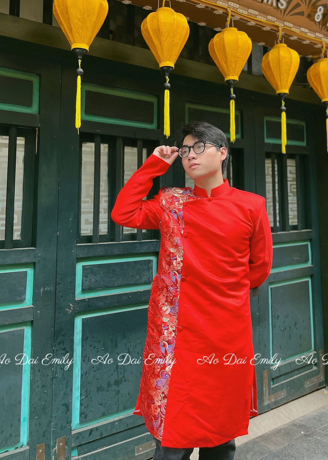 Ao Dai for Men| Áo Dài Nam Gấm Phối Do | Pre Made Ao Dai Vietnam| Red ...