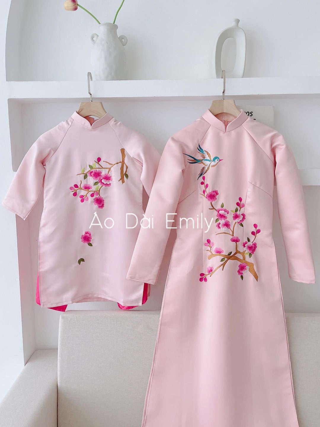 Matching Mom & Daughter Cherry Blossom Embroidery Ao Dai Set Taffeta ...