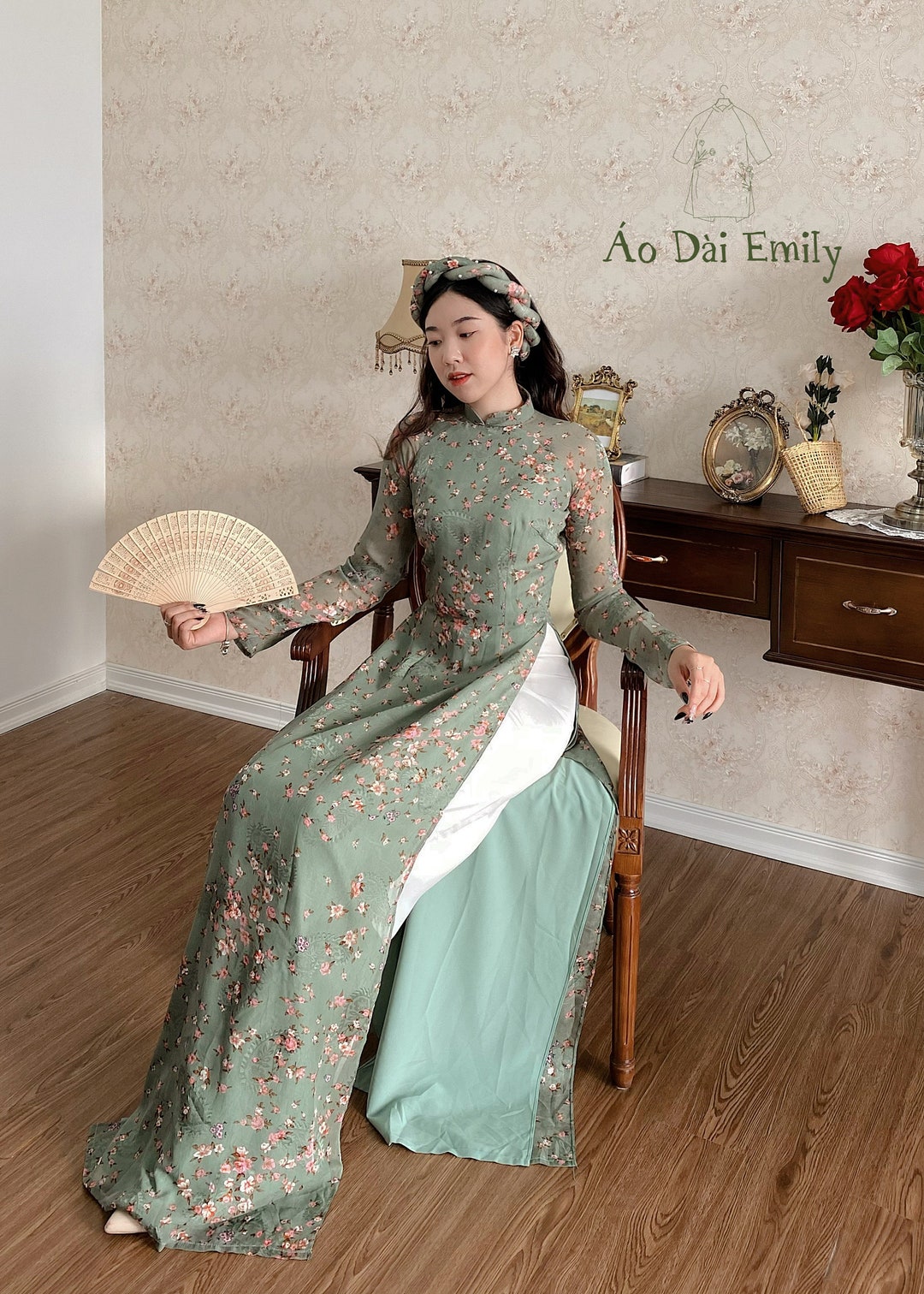 Dark Green Mini Flowers Double Layers Ao Dai | Pre-made Traditional ...