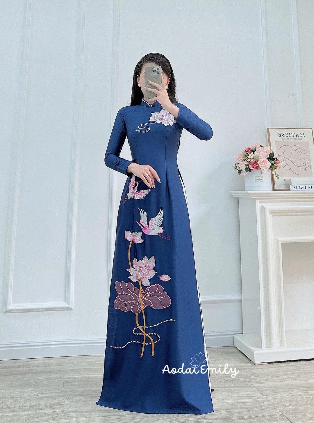 NOA Dark Blue Lotus Embroidery With Hand Beading Crystals Ao Dai| Pre ...