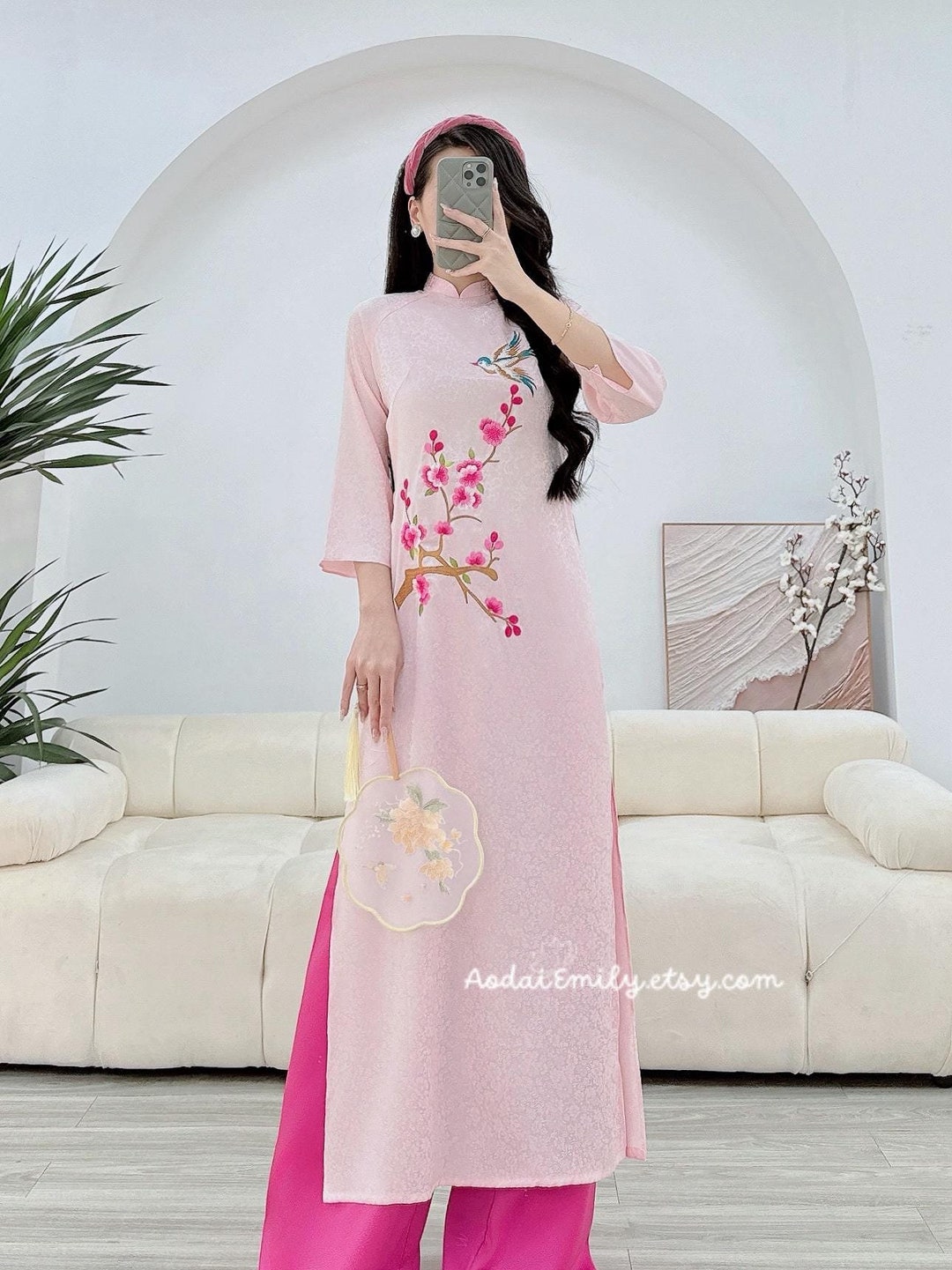 Loosing Pink Modern Ao Dai Gấm With Cherry Blossom Embroidery| | With ...