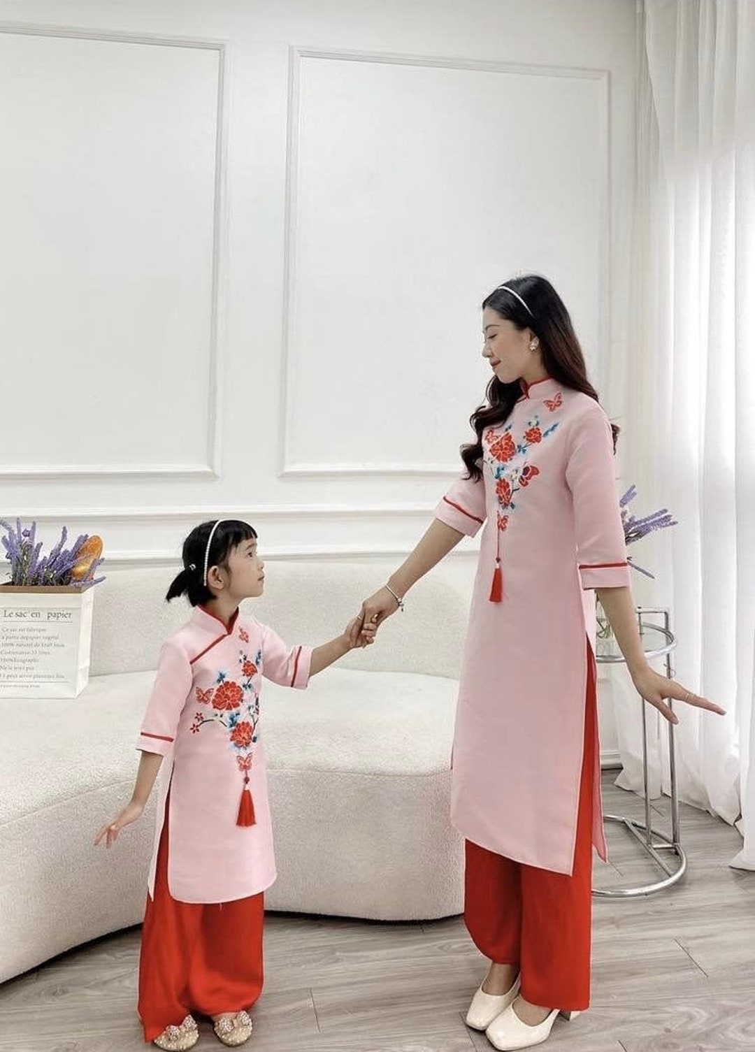 Matching Mom & Daughter Red/ Pink Springs Flowers Ao Dai Set| Ao Dai ...