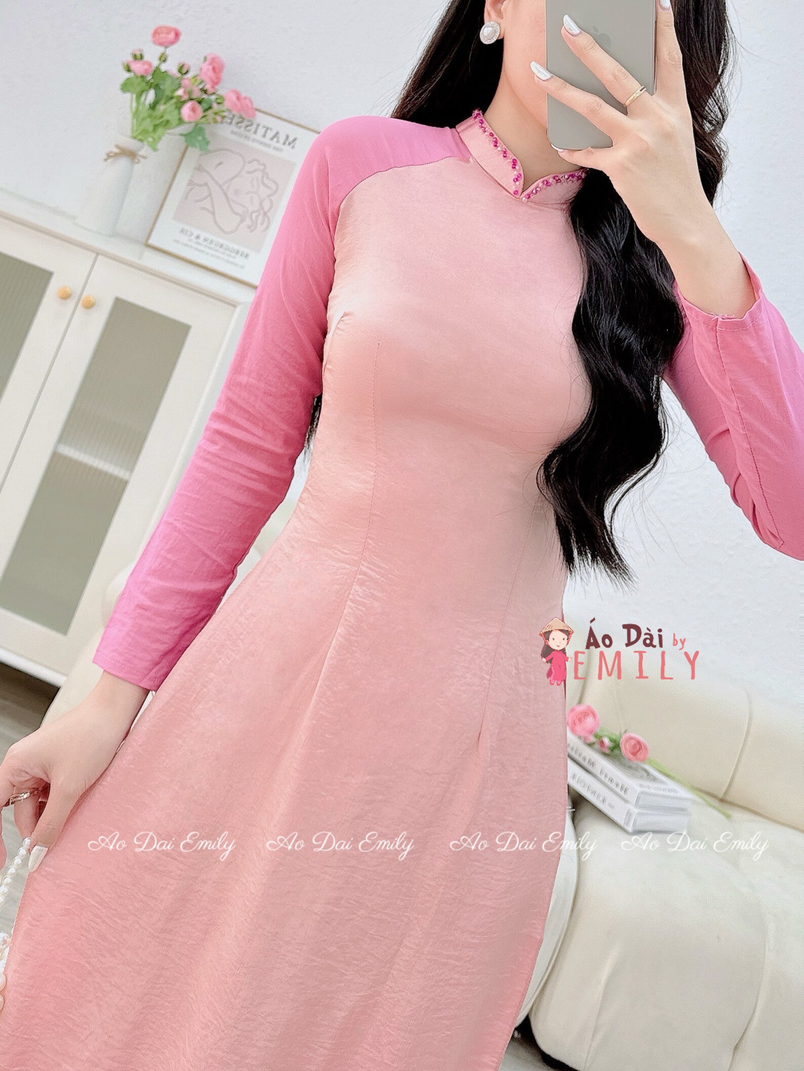 Pink Plain Color Ao Dai| áo Dài Lụa With Crystals | Traditional Ao Dai ...