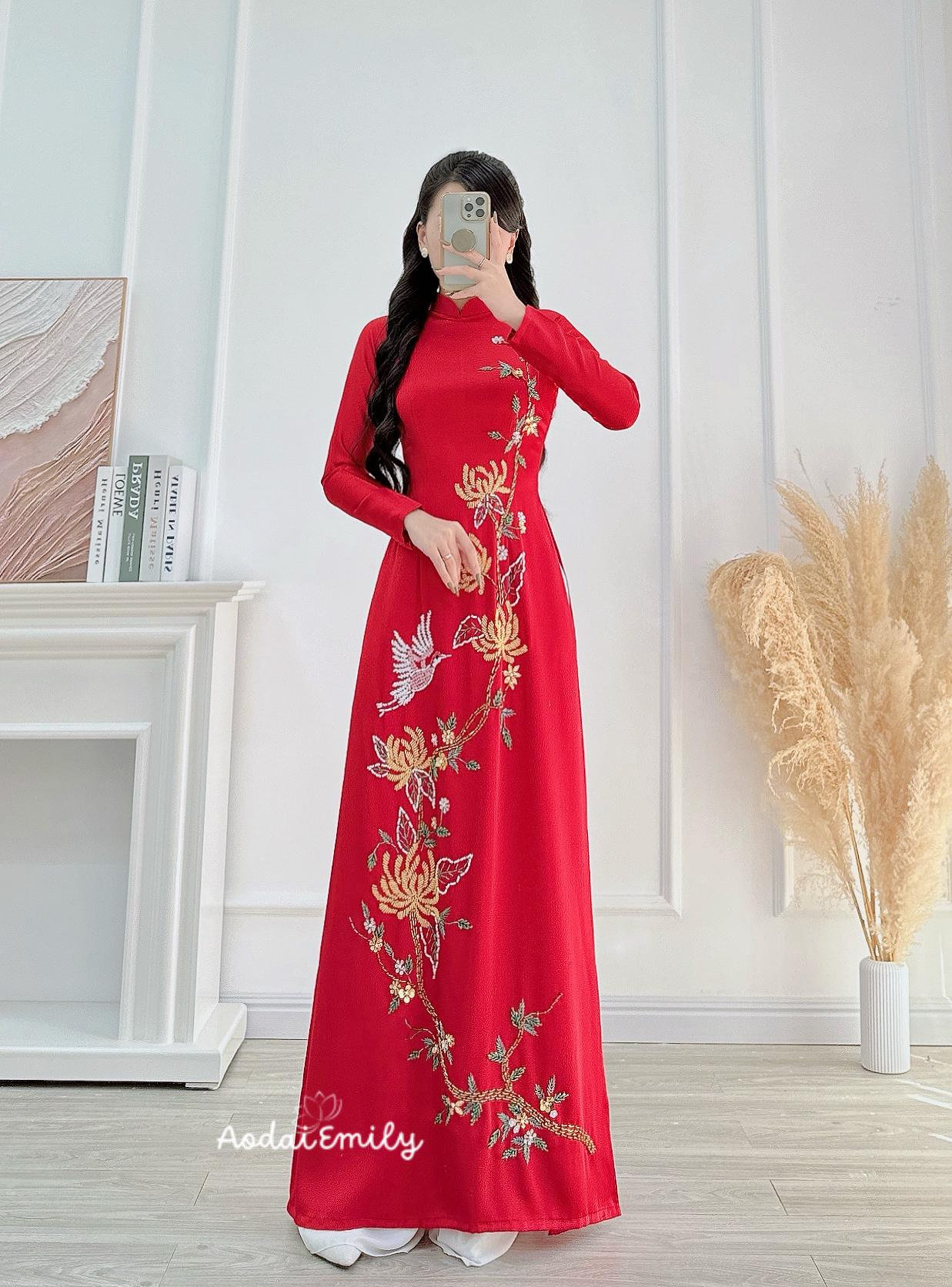 Red Designed Ao Dai With Daisy & Bird Crystals| Ao Dai for Special ...