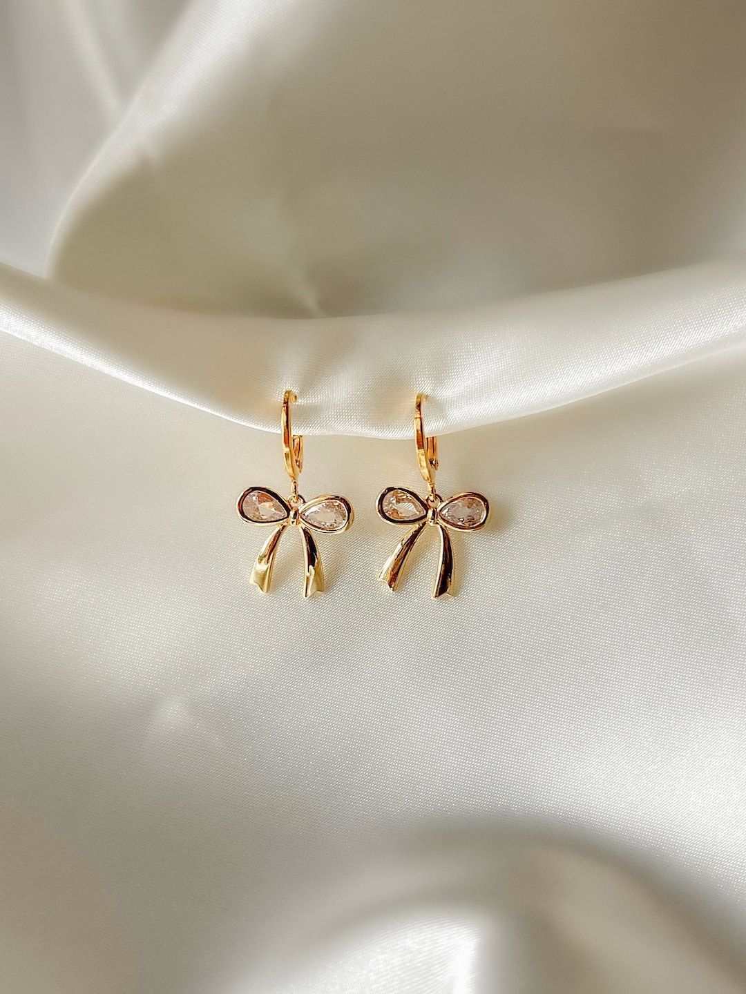 LUCY 24k Gold Bow Ribbon Earrings, Dainty and Elegant Dangle Earrings ...