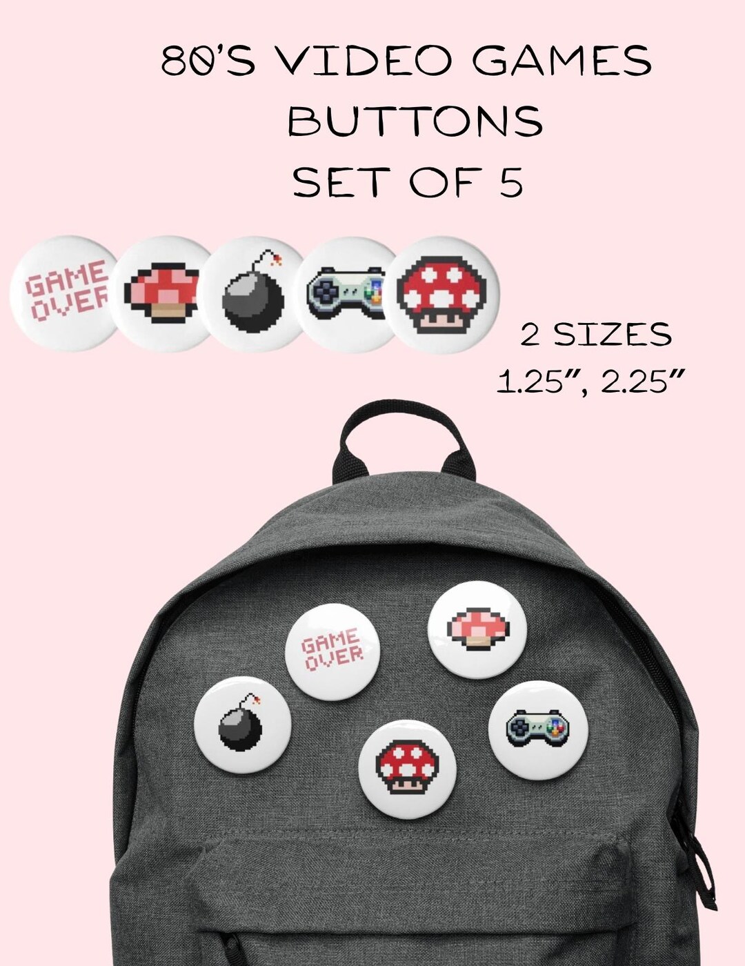 Retro 80s Arcade Game Pinback Buttons - Nostalgic Gamer Badges - Set of ...