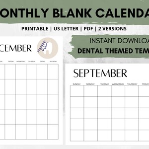 Dental Monthly Blank Calendar Printable US Letter PDF Available in ...