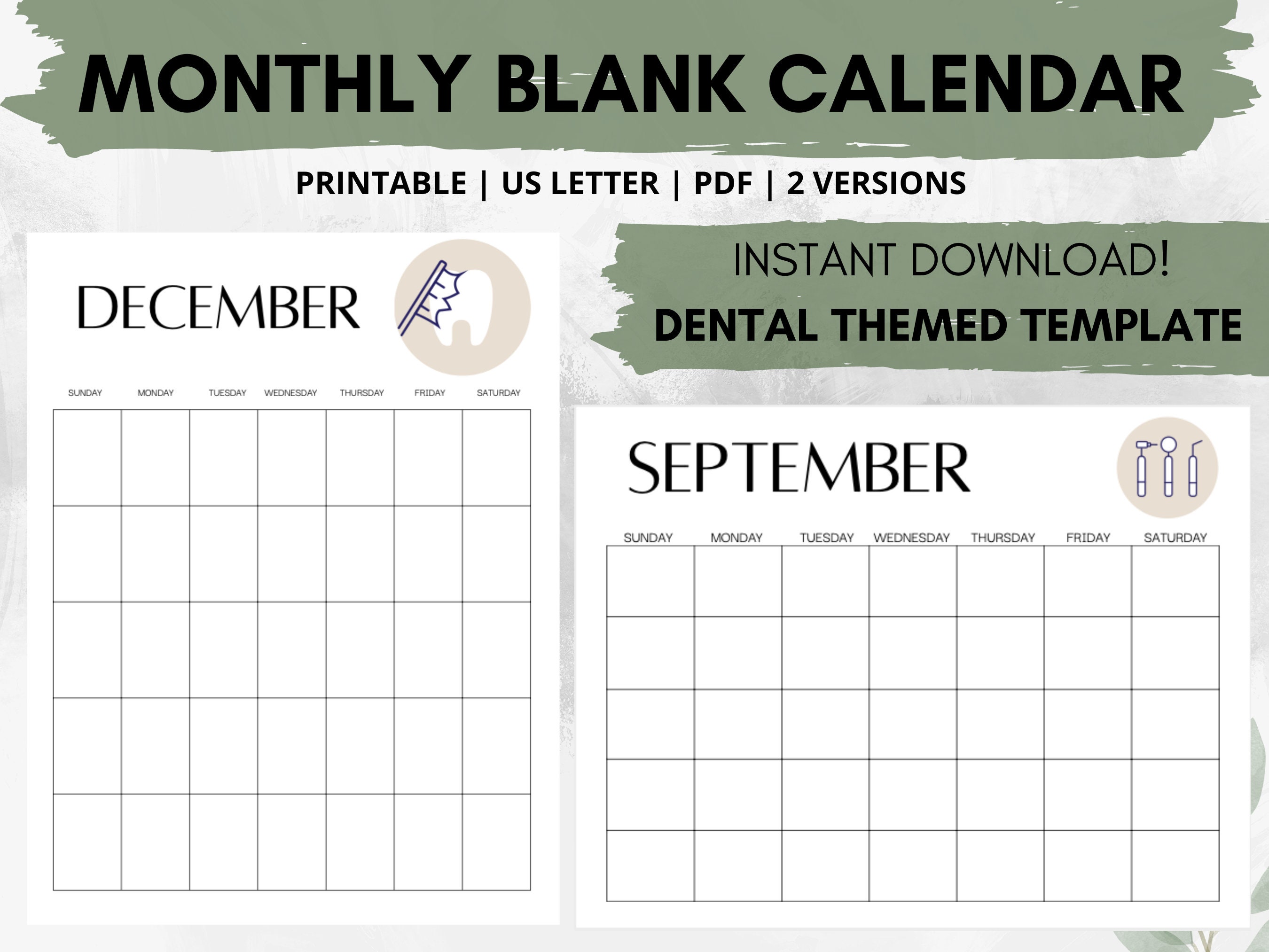 Dental Monthly Blank Calendar Printable US Letter PDF Available in ...