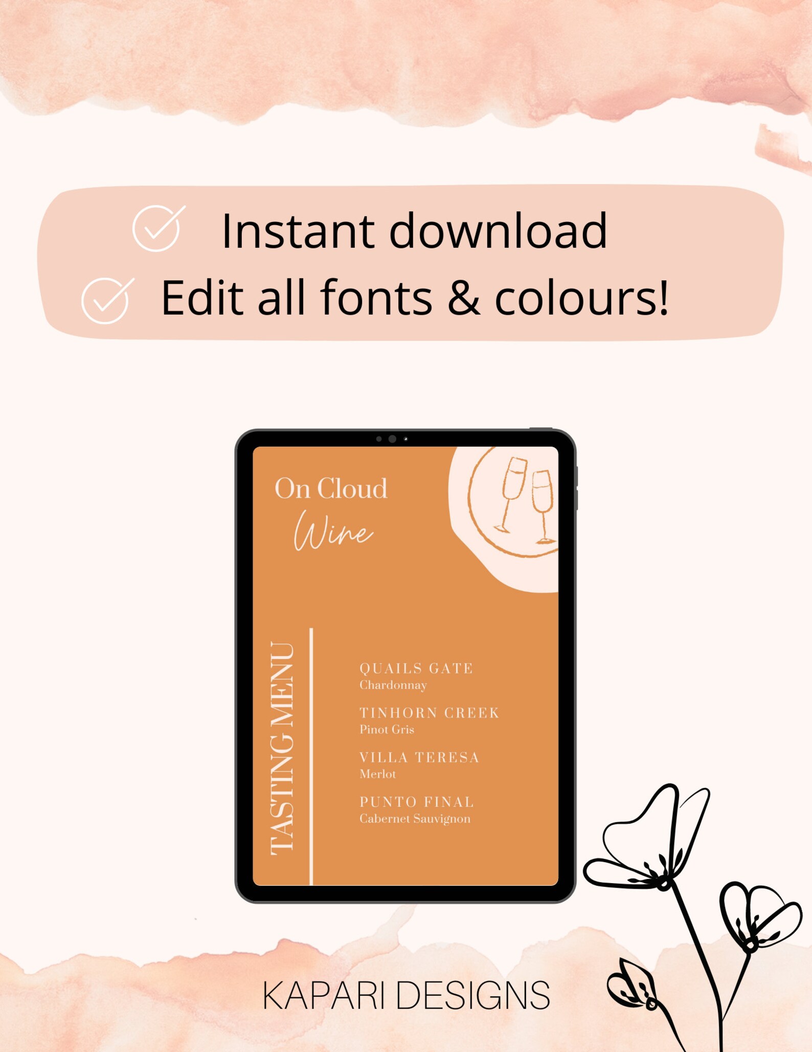 Wine Tasting Menu Card Template, Drink Menu Template (editable ...