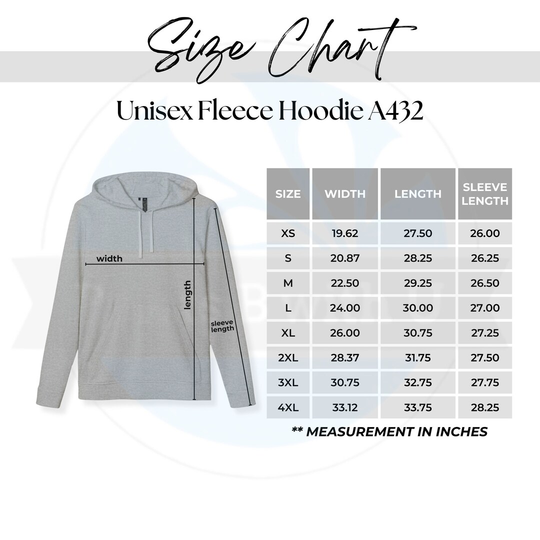 A432 Unisex Fleece Hoodie Size Chart, A432 Fleece Hoodie Care ...