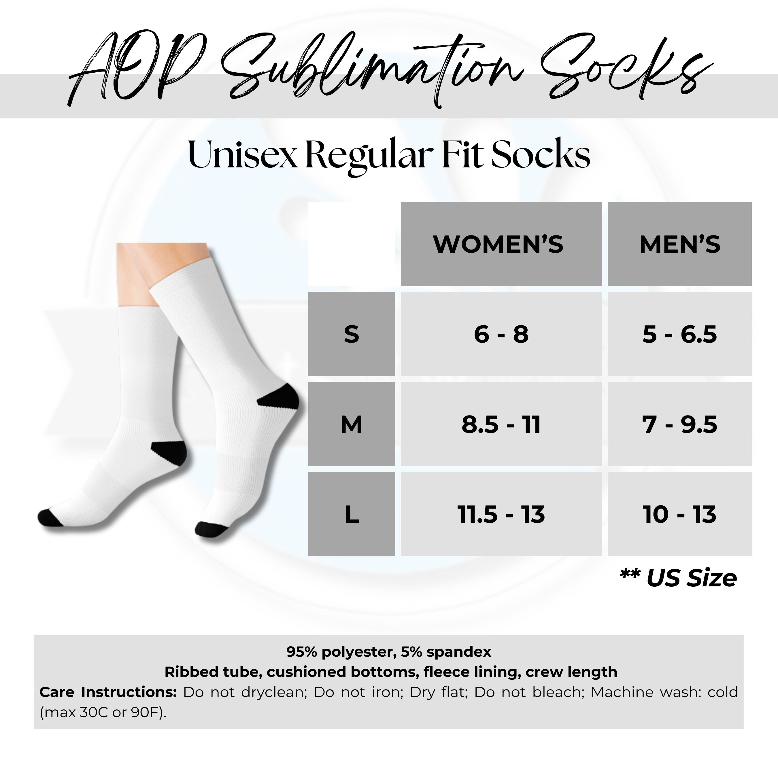 Sublimation Sock Size Chart, AOP Unisex Sock Sizing Guide, All Over Print Crew Sock Mockup ...