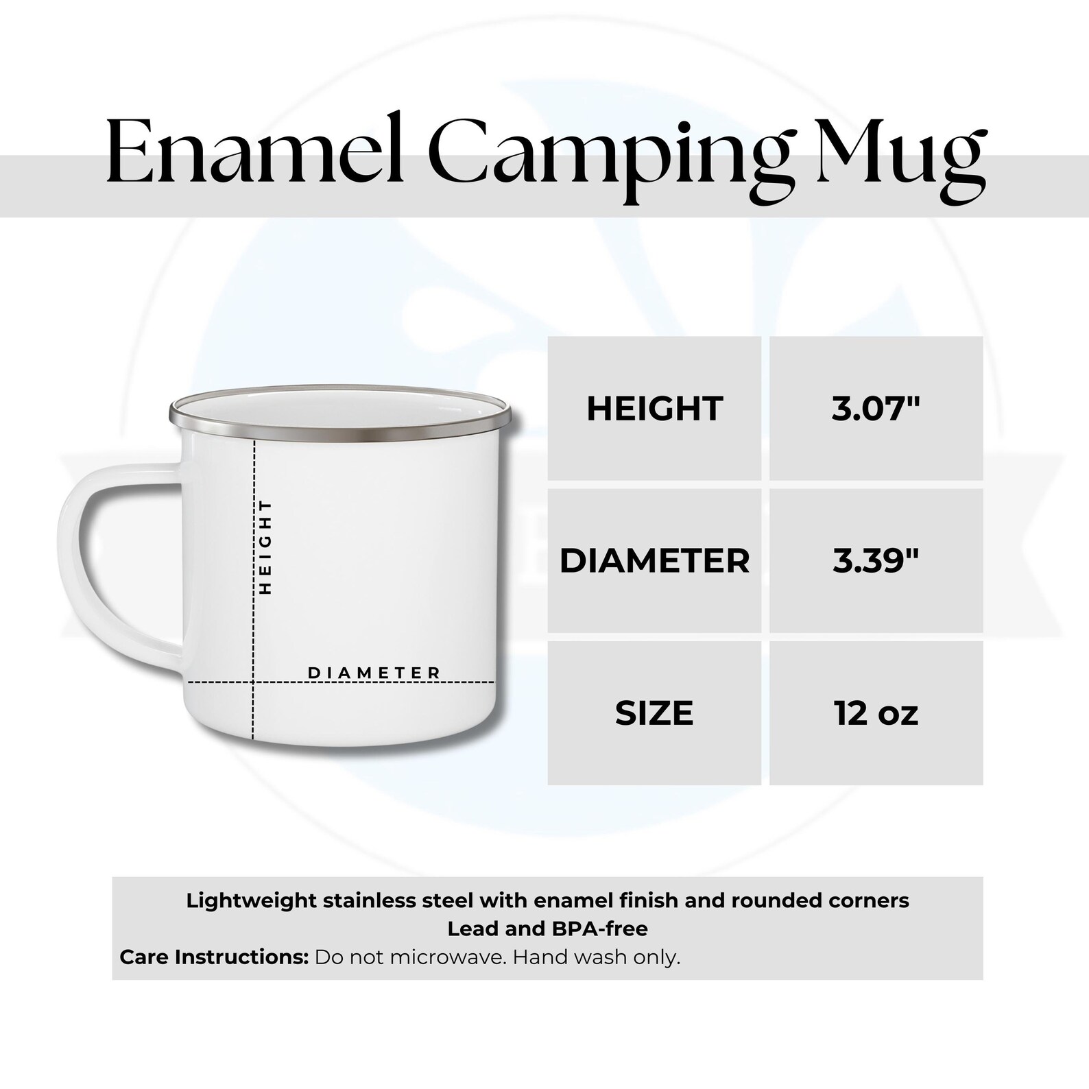 Enamel Camping Mug Size Chart, 12 Oz Enamel Mug Sizing Guide, Digital ...