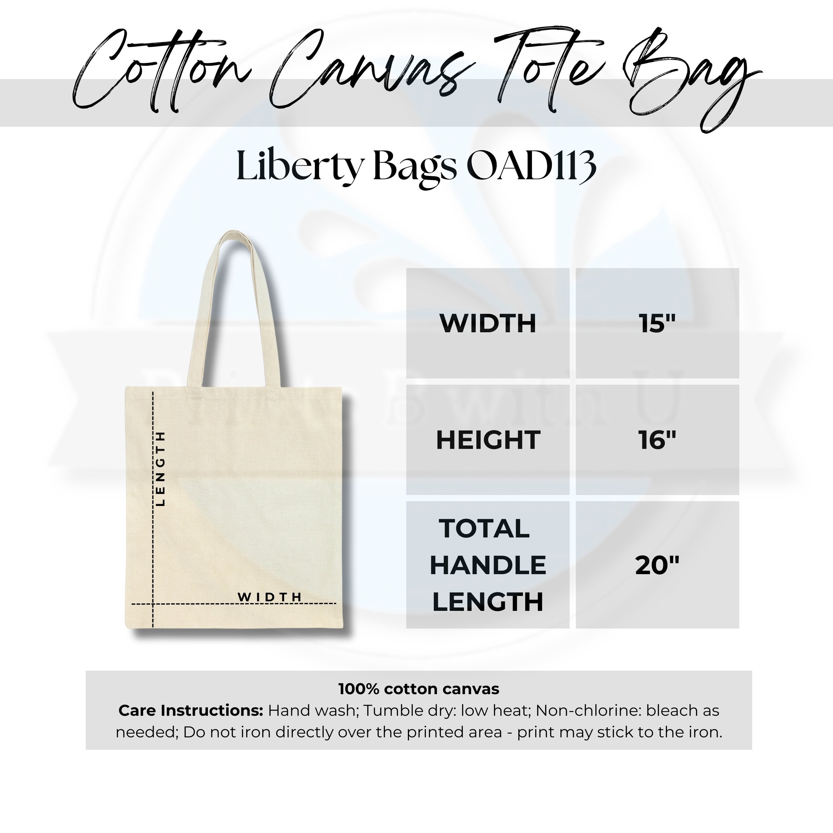 Canvas Tote Bag Size Chart, 15”x16” Tote Bag Sizing Guide, Natural Tote ...