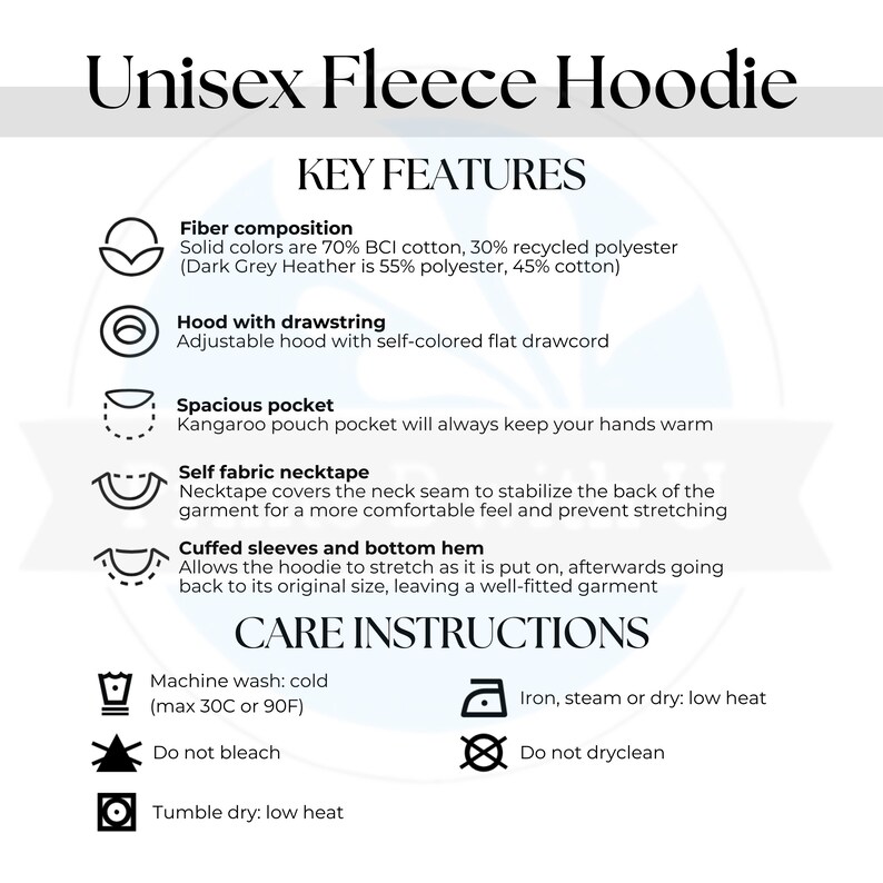 A432 Unisex Fleece Hoodie Size Chart, A432 Fleece Hoodie Care ...