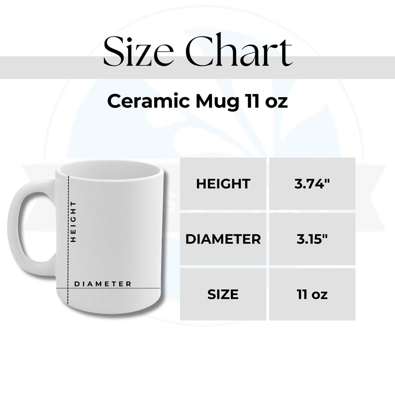 Mug Size Chart, 11 Oz White Ceramic Coffee Mug Measurement, Digital ...