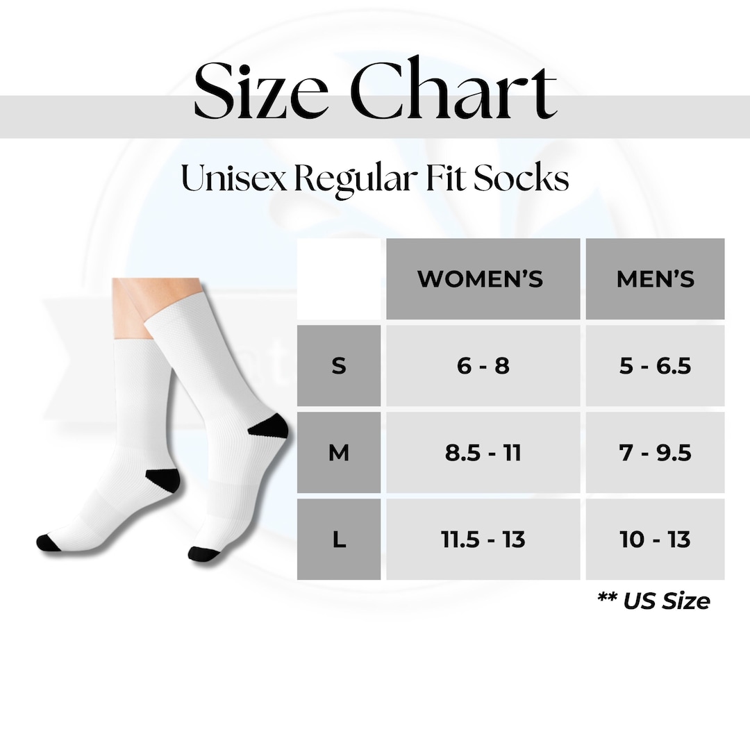 Sublimation Sock Size Chart, AOP Unisex Sock Sizing Chart, Crew Sock ...