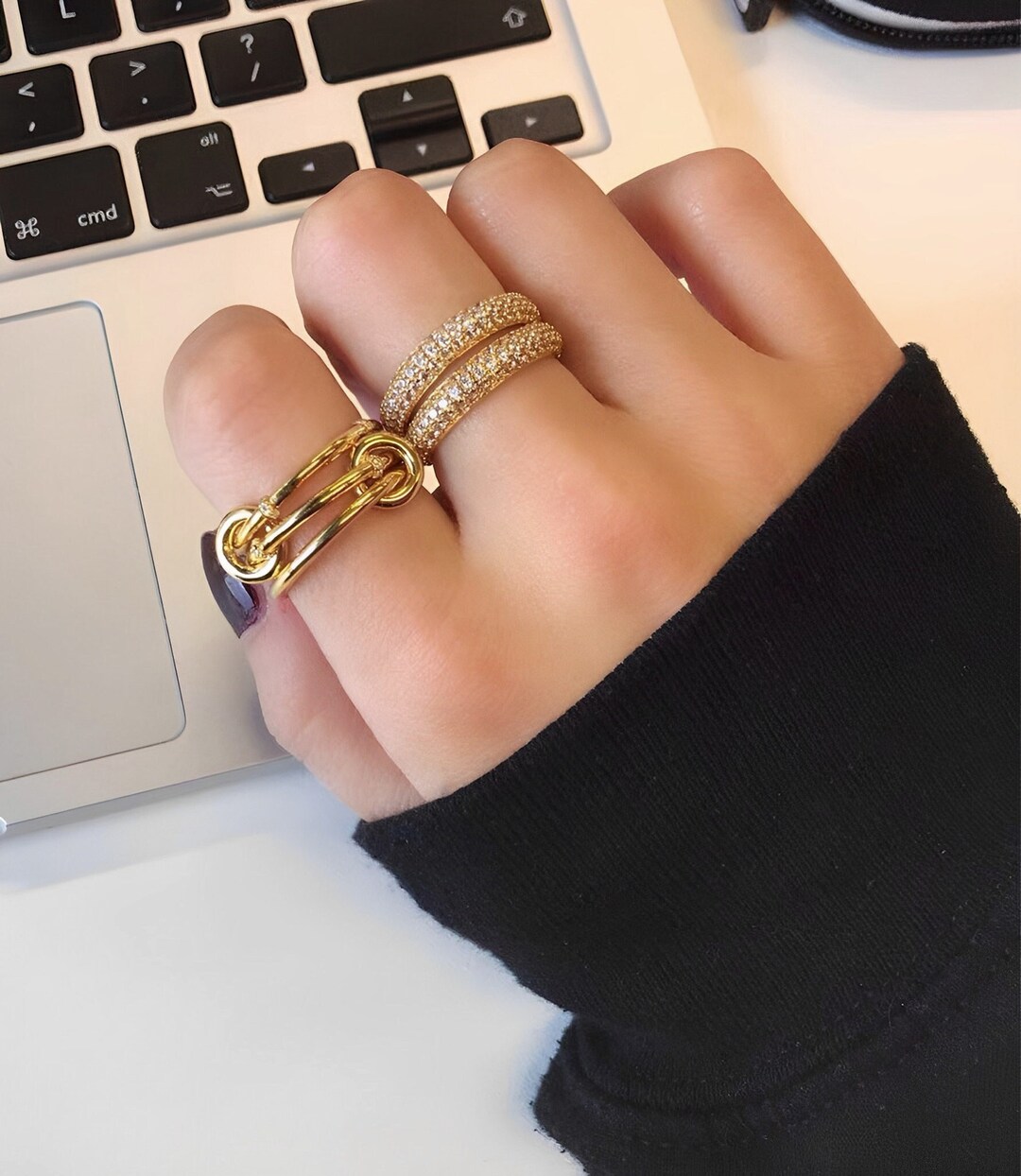 Gold Triple/quadruple Interlocked Ring, Dainty Stacking Rings, Three ...