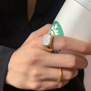 Mother-of-pearl Ring, Chunky Gold Signet Ring, Wide Band Ring, Square White Mop Shell Ring ...
