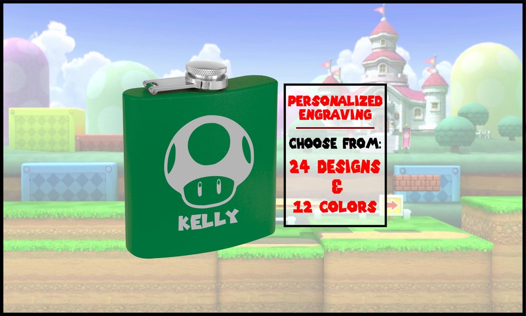 Mario Mushroom Flask, Engraved Mario Flask, Mario Extra Life Gift ...