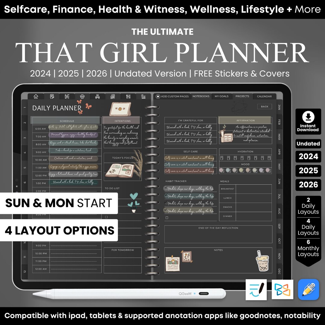 Minimalist That Girl Planner 2024, Dark Mode Planner, iPad Planner ...