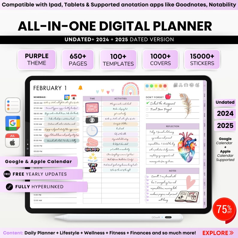 All-in-one Digital Planner 2024, 2025, 2026, Undated Digital Planner ...