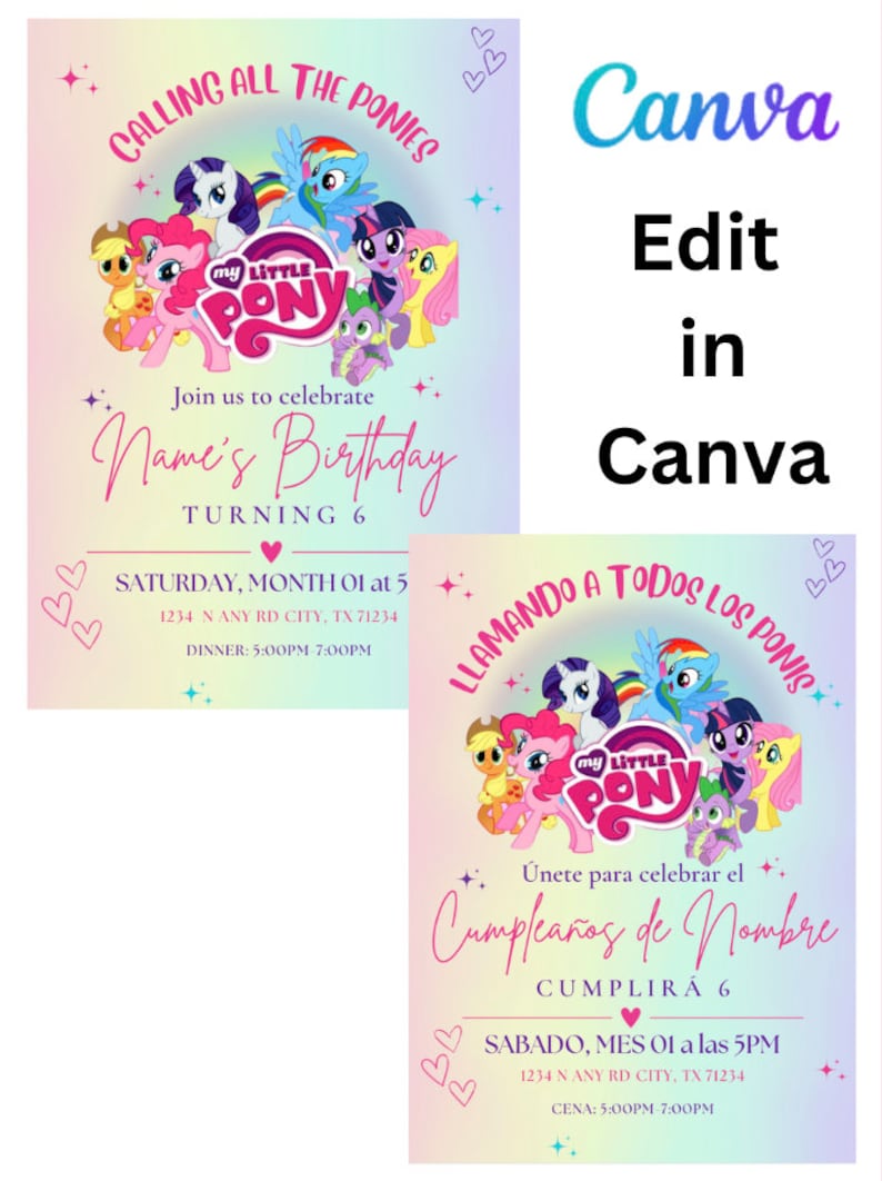 My Little Pony Invitation English and Spanish Digital Download ...