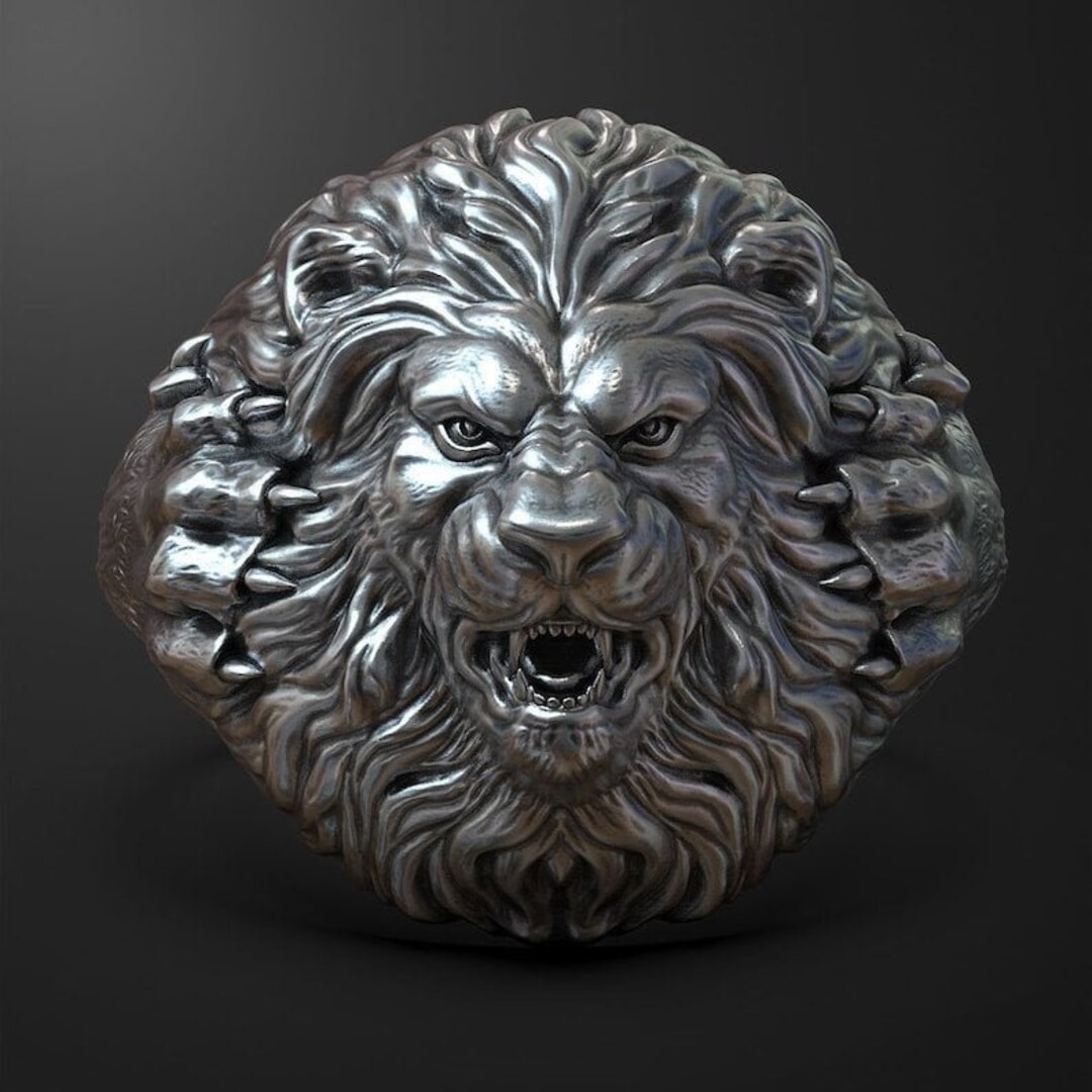 Lion Signet Ring Octagon Shape Gold Inlay Silver Lion Ring - Etsy