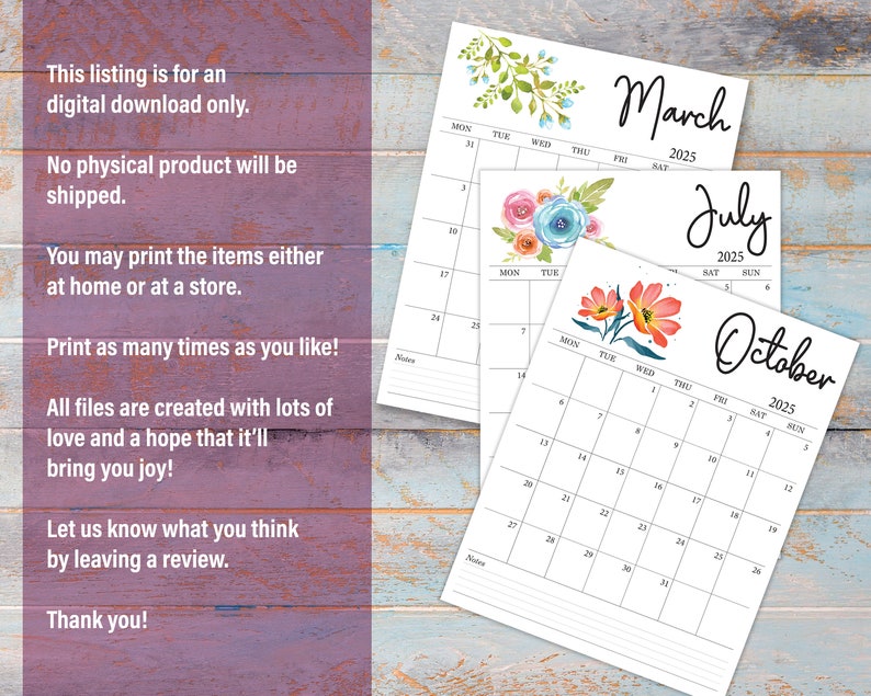 2025 Calendar Printable Download, Watercolor Floral Monthly Calendar ...