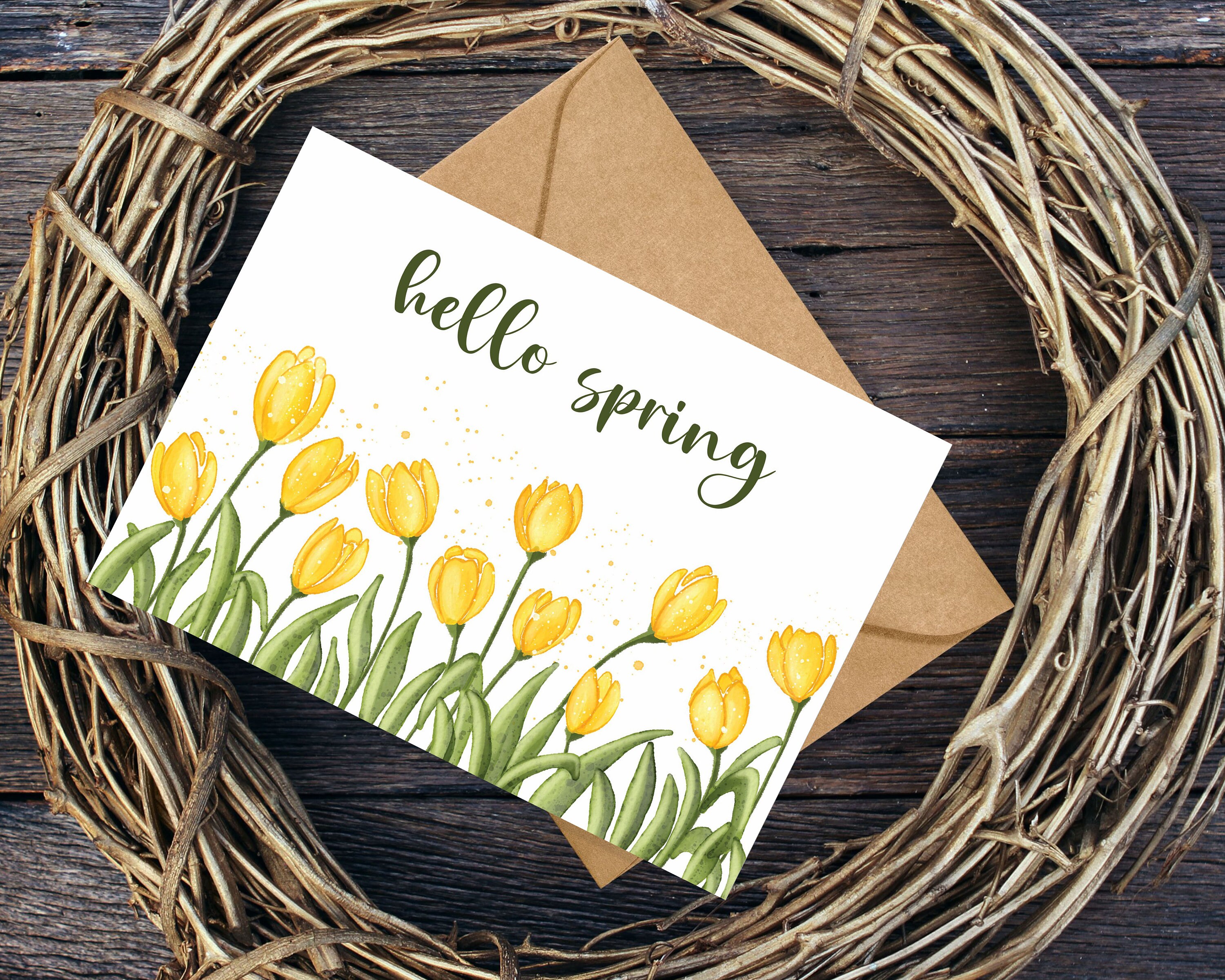 Hello Spring Card With Yellow Tulips, Printable Happy Spring Card ...