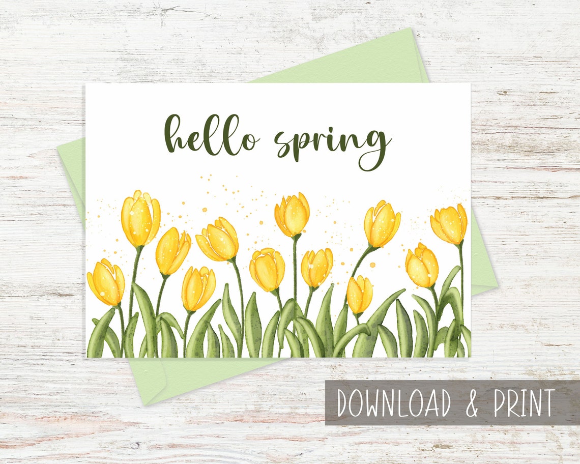 Hello Spring Card With Yellow Tulips, Printable Happy Spring Card ...