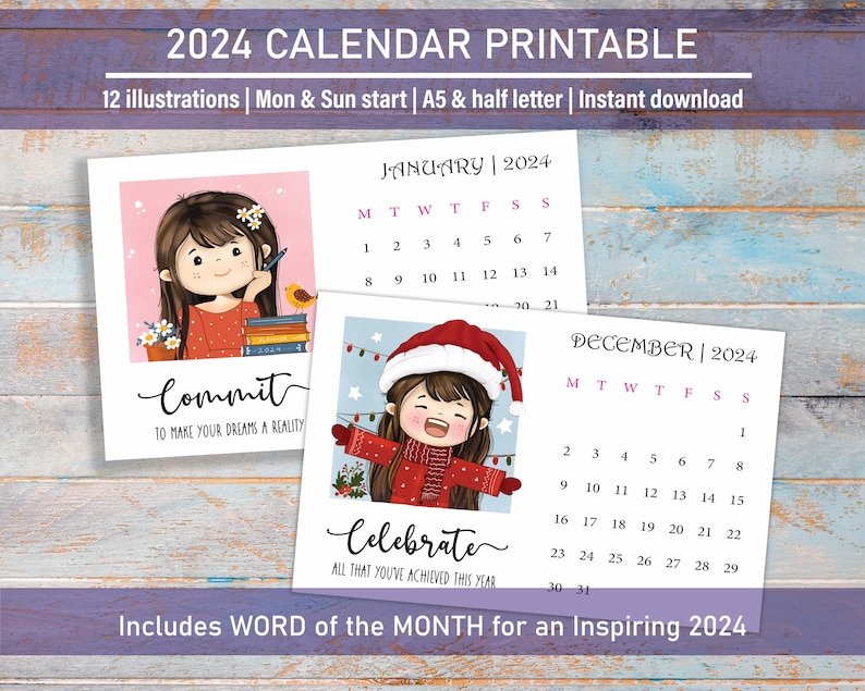 2024 Desk Calendar Printable, Mini Calendar 2024, Illustrated Calendar ...
