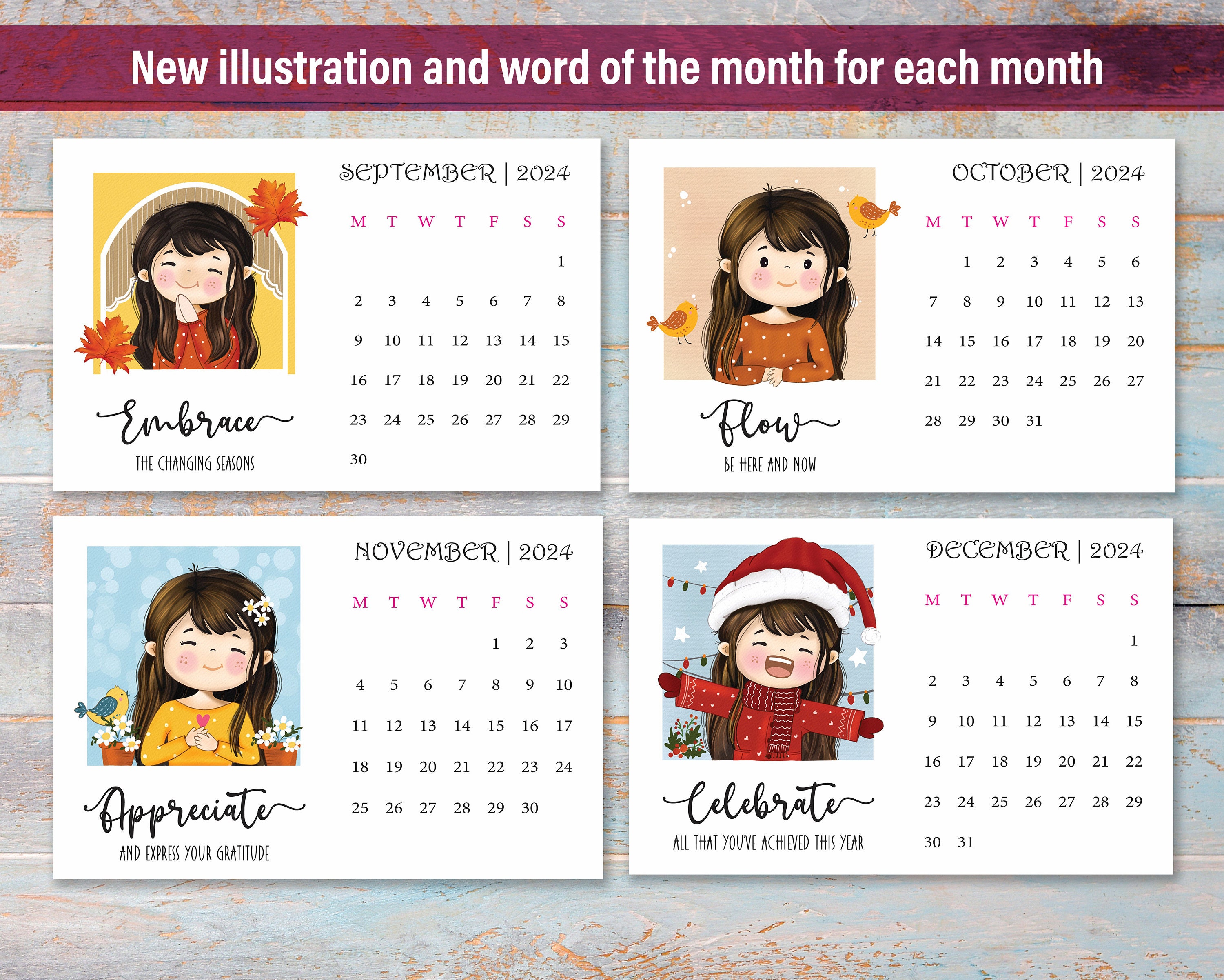 2024 Desk Calendar Printable, Mini Calendar 2024, Illustrated Calendar ...