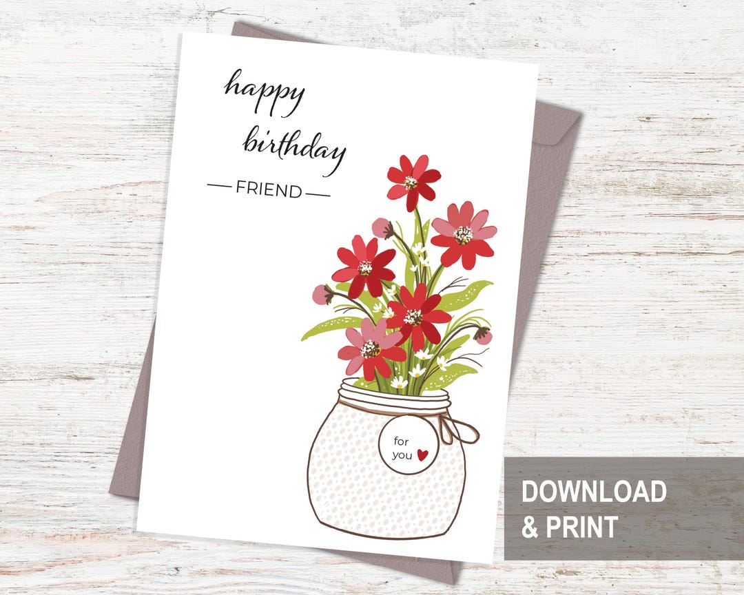 Printable Floral Birthday Card for Friend, Bright Red Flowers Birthday ...