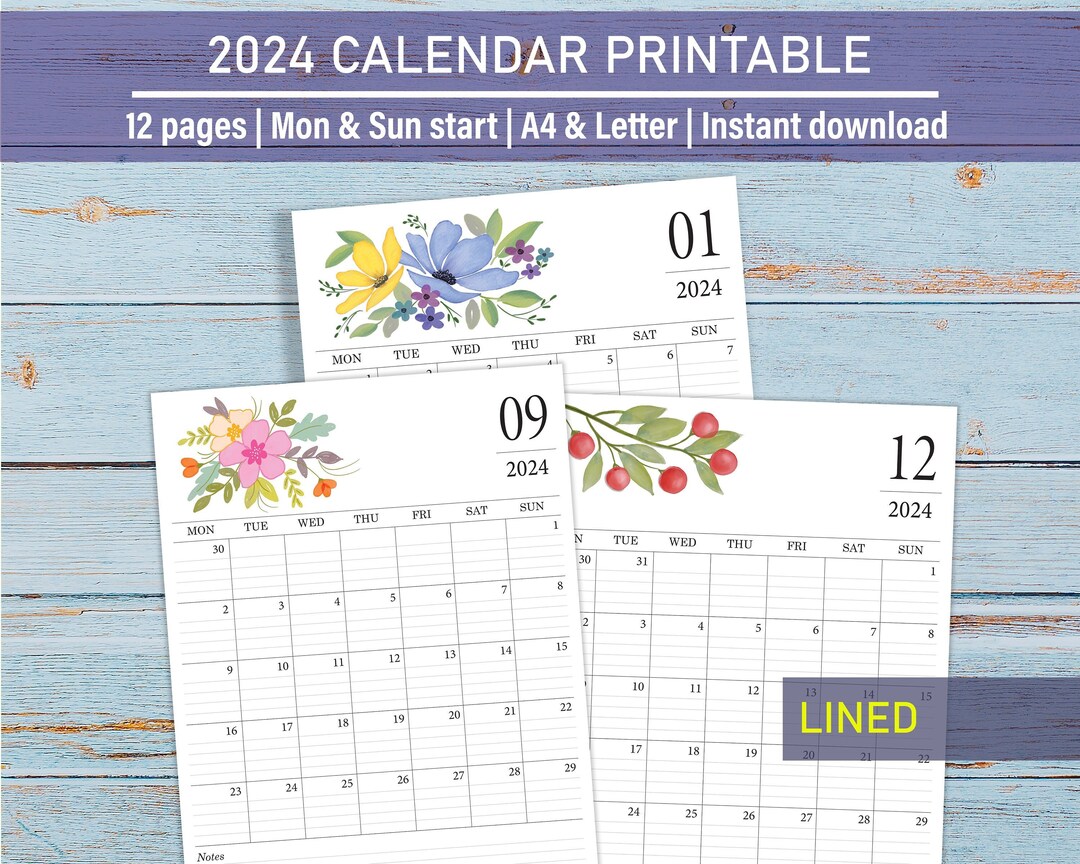 2024 Calendar Printable Download, 2024 Monthly Calendar, Desk and Wall ...