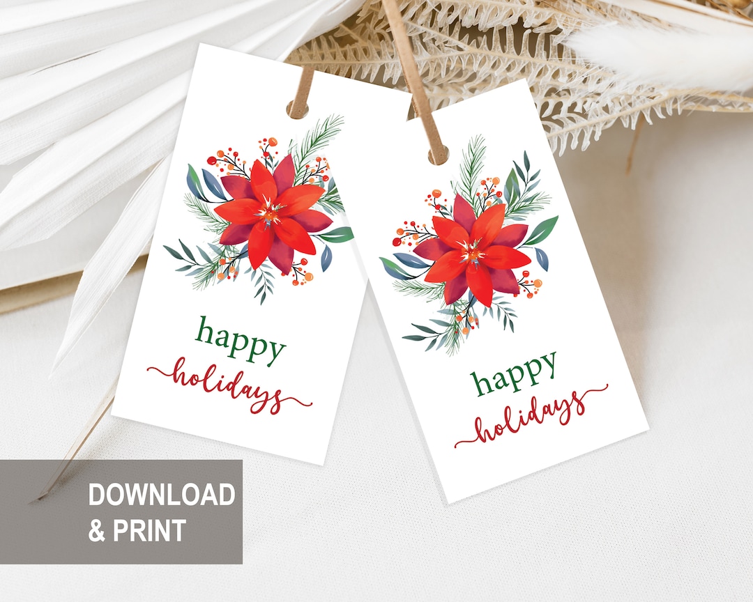 Printable Happy Holidays Gift Tags, Christmas Poinsettia Gift Tag ...
