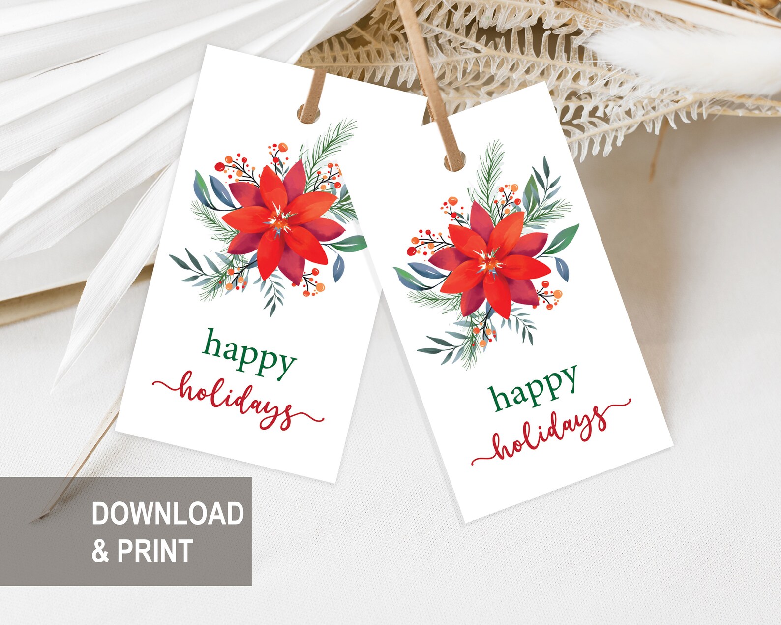Printable Happy Holidays Gift Tags, Christmas Poinsettia Gift Tag ...
