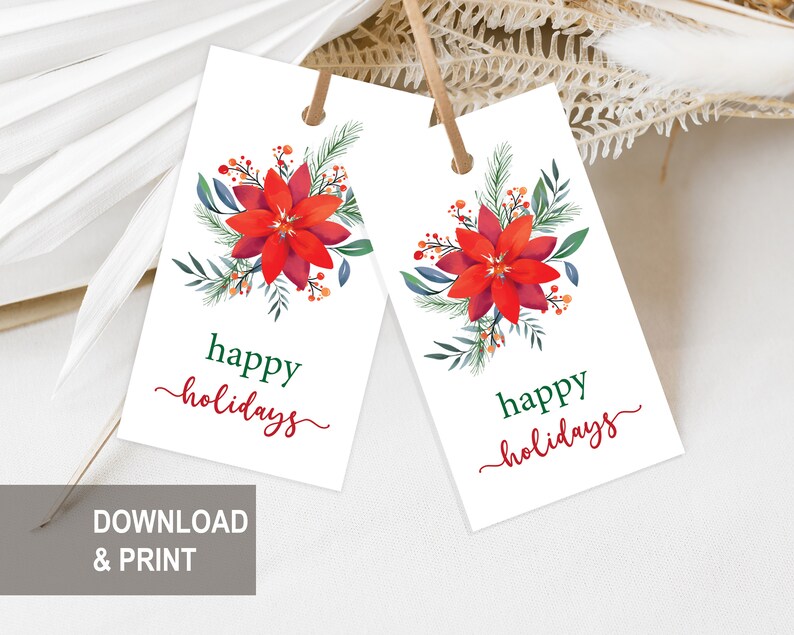 Printable Happy Holidays Gift Tags, Christmas Poinsettia Gift Tag ...
