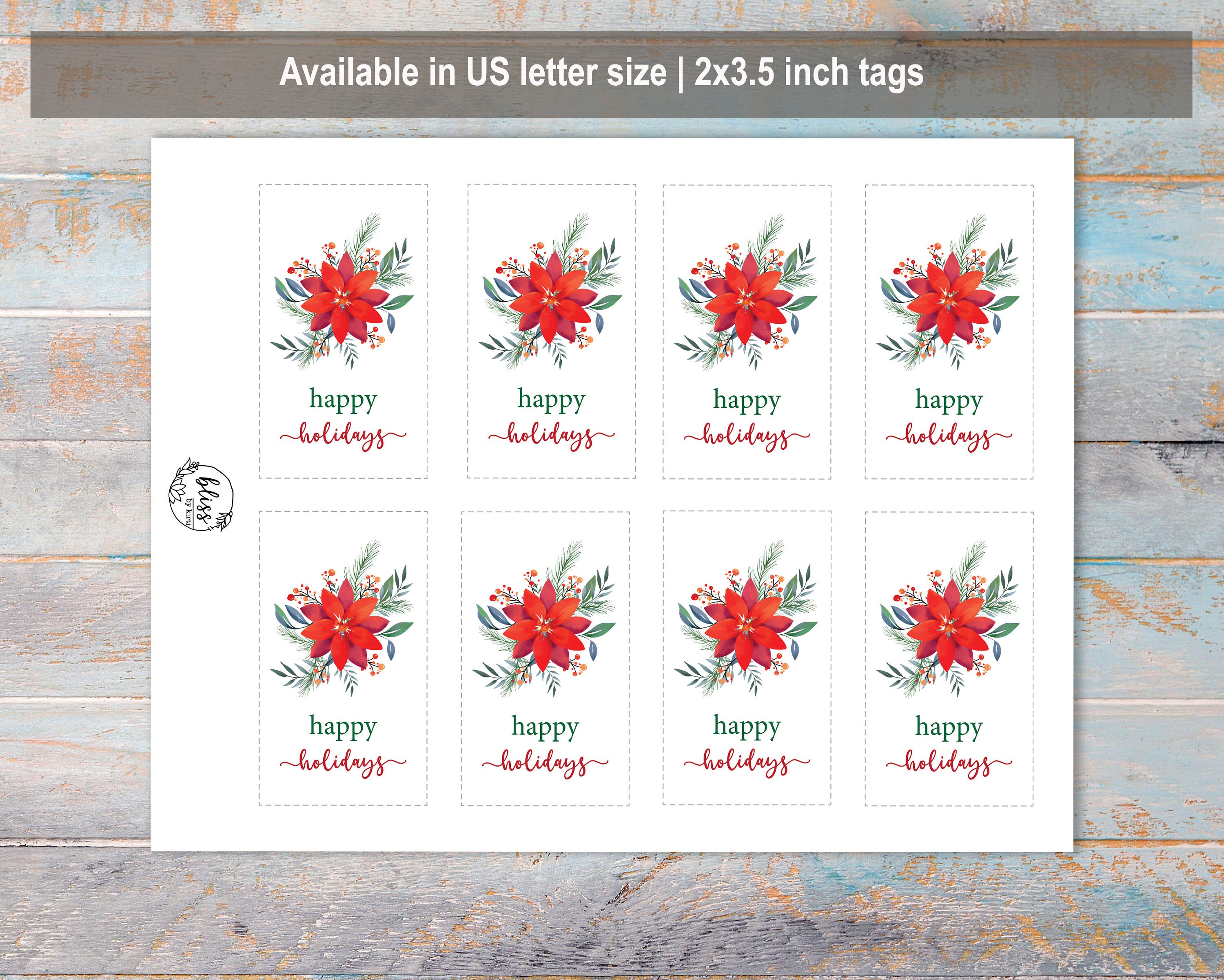 Printable Happy Holidays Gift Tags, Christmas Poinsettia Gift Tag ...