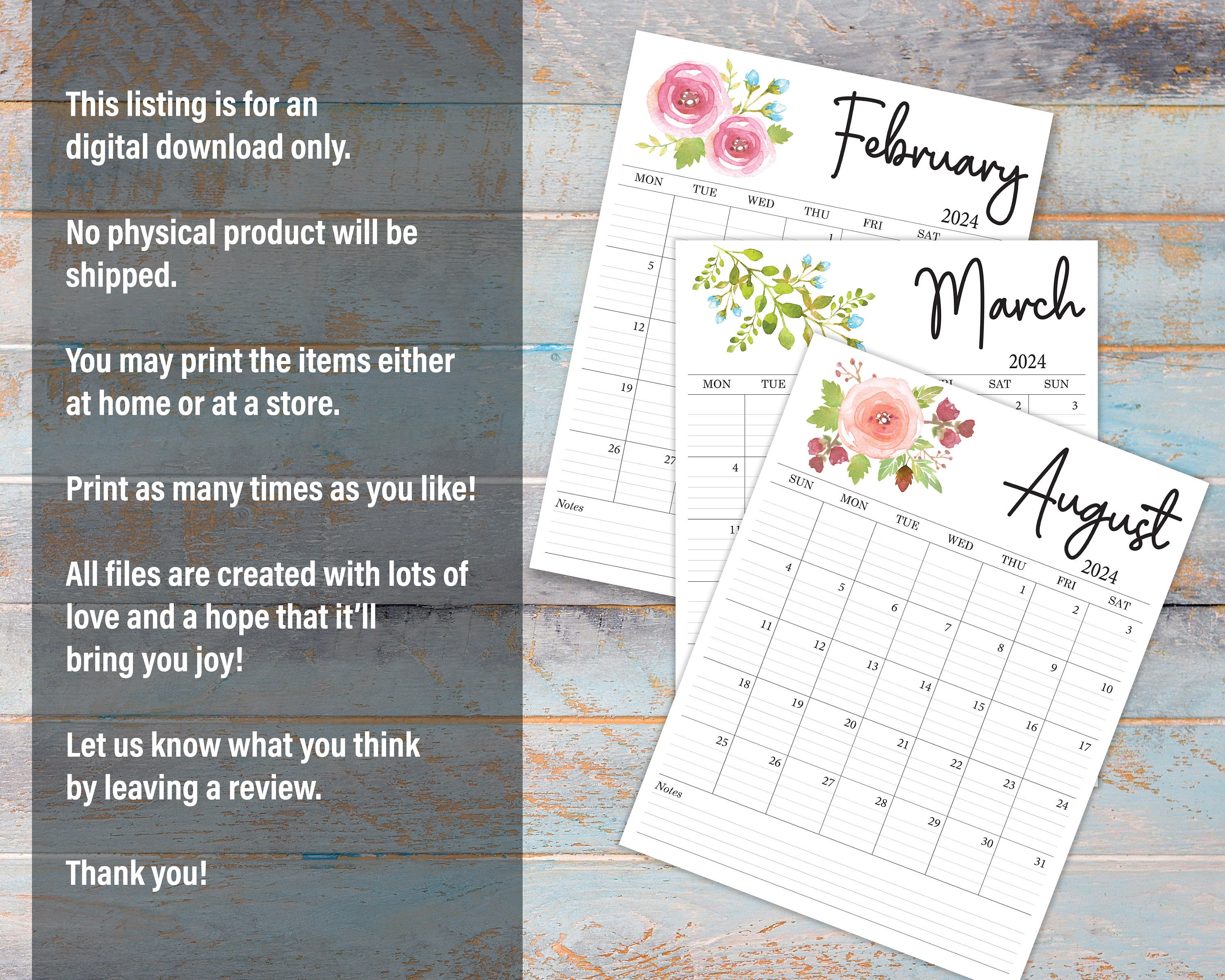 2024 Calendar Printable, Desk and Wall Calendar, Watercolor Floral ...