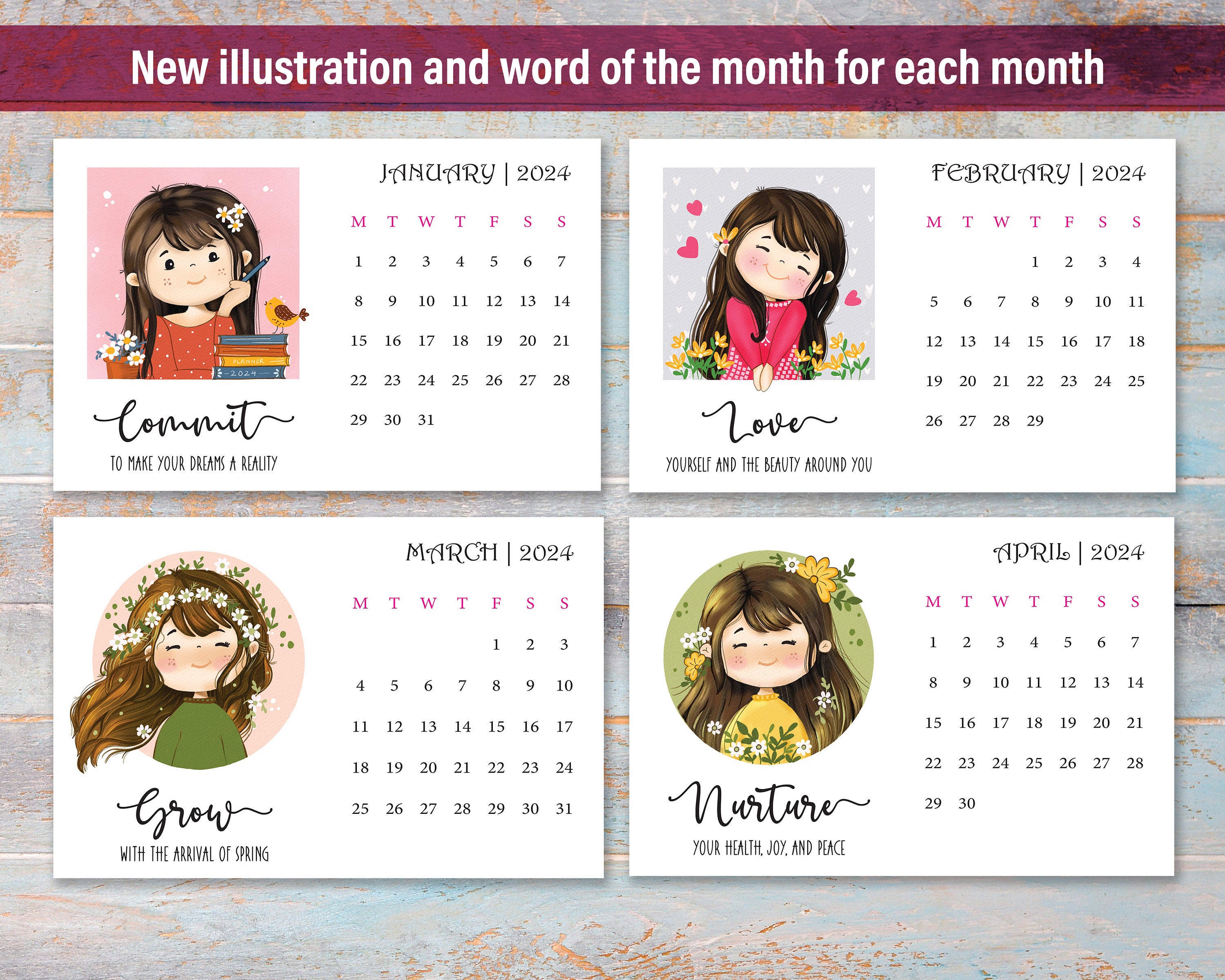 2024 Desk Calendar Printable, Mini Calendar 2024, Illustrated Calendar ...
