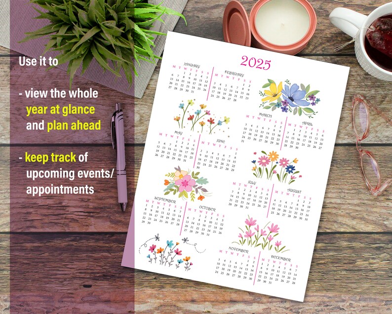 2025 Year Calendar Printable, 2025 Yearly Calendar, Desk Calendar ...
