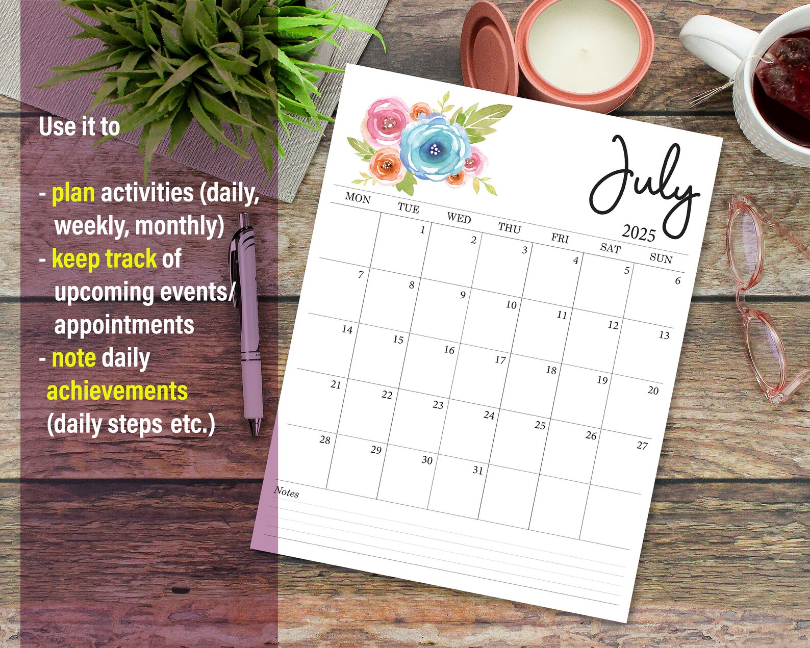 2025 Calendar Printable Download, Watercolor Floral Monthly Calendar ...