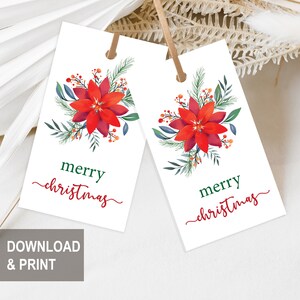 Poinsettia Christmas Gift Tag Printable, Merry Christmas Gift Tag ...