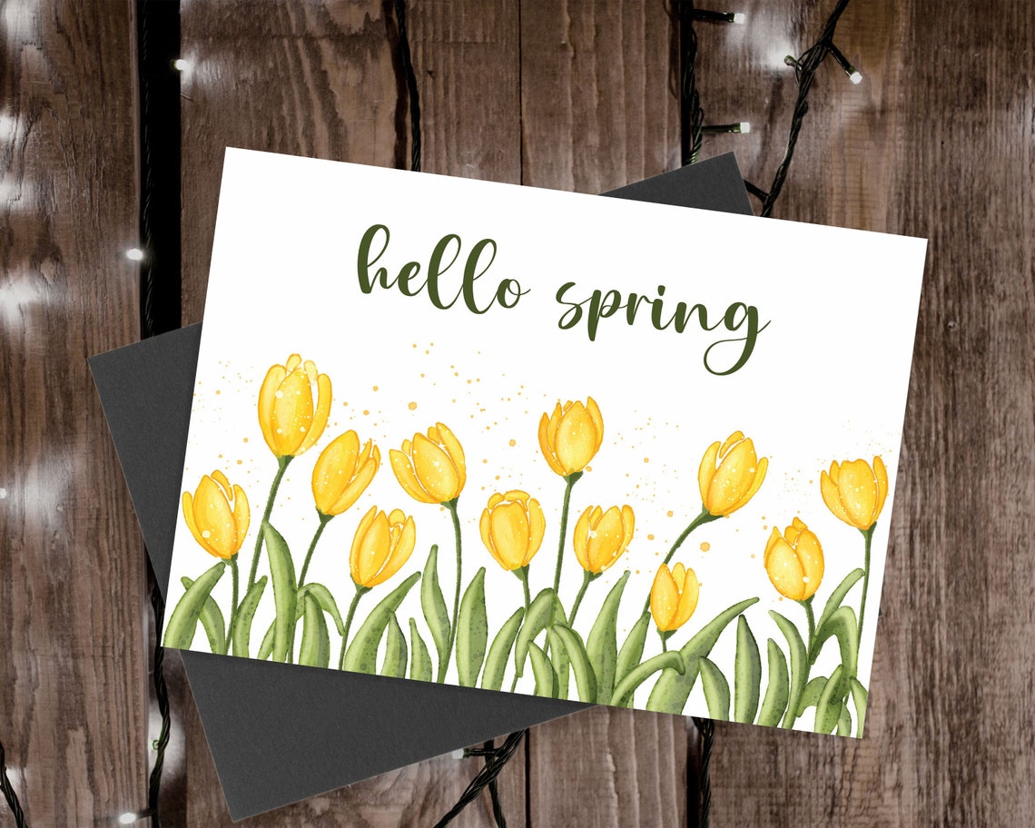 Hello Spring Card With Yellow Tulips, Printable Happy Spring Card ...