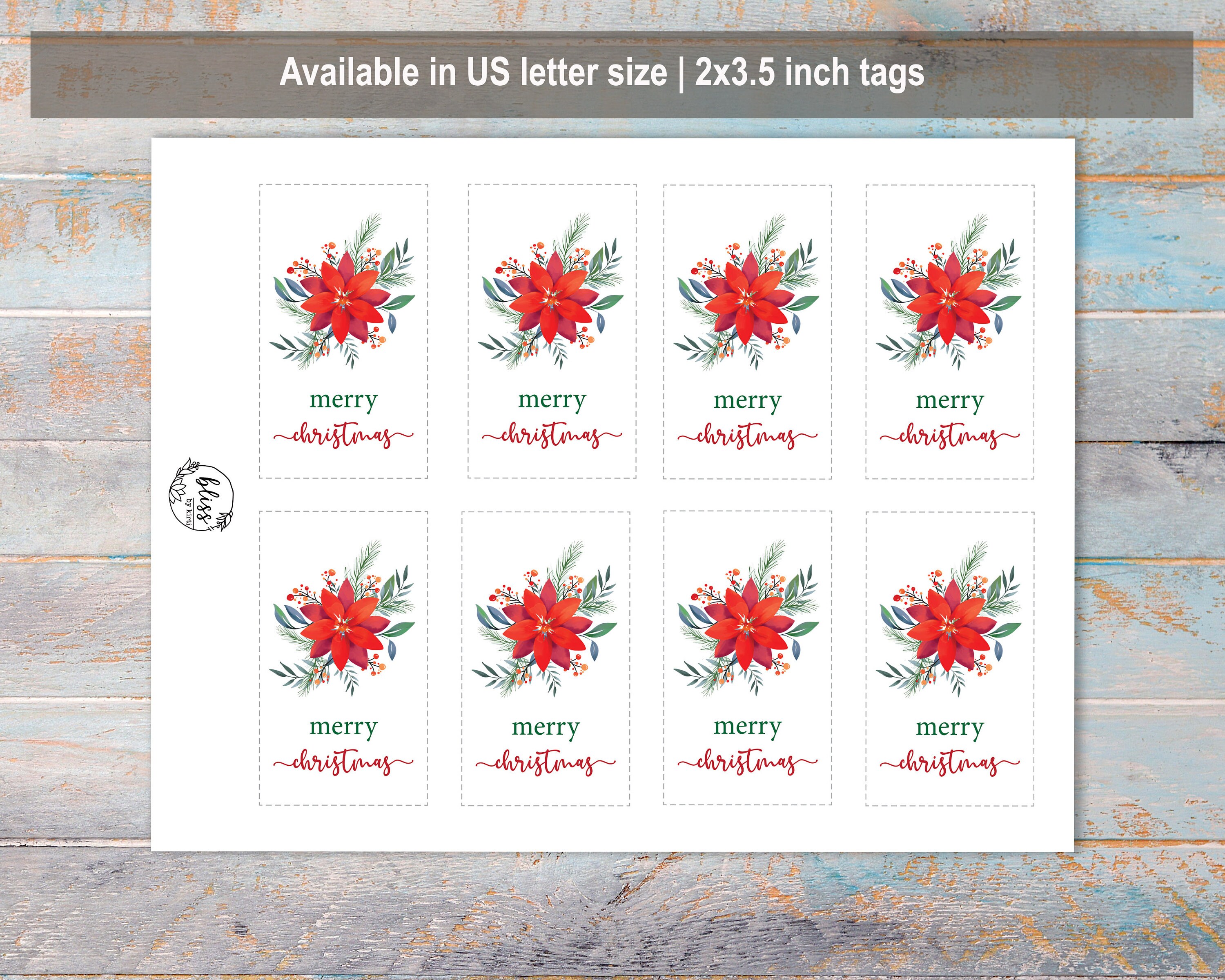 Poinsettia Christmas Gift Tag Printable, Merry Christmas Gift Tag ...