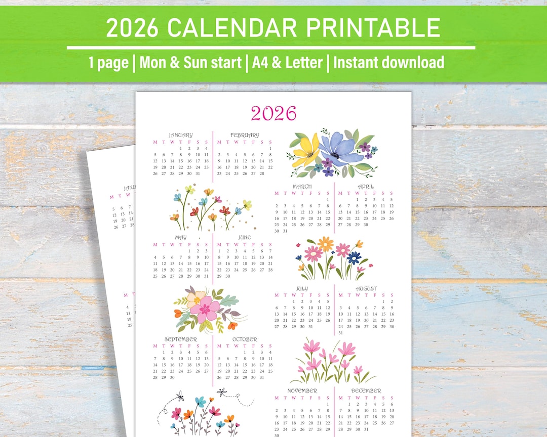2026 Calendar Printable Full Year, 2026 Yearly Printable Calendar ...