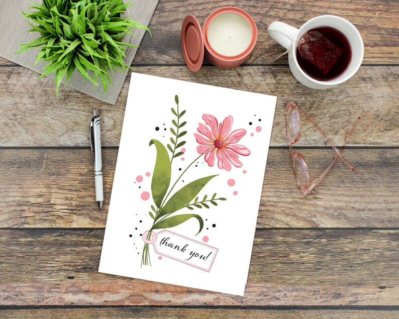 Floral Thank You Card Printable, Elegant Flower Thank You Note, Instant ...