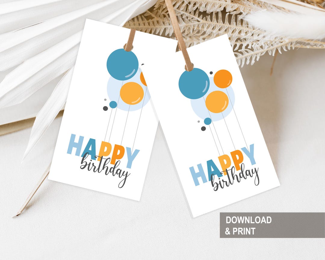 Birthday Balloons Gift Tag Printable, Happy Birthday Favor Tag ...