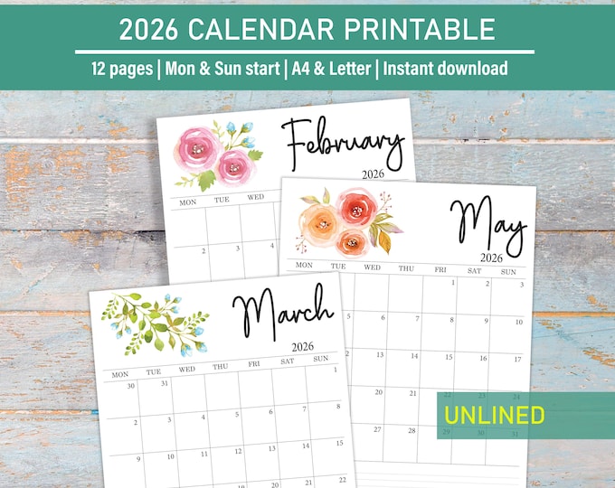 2025 Calendar Printable, 2025 Monthly Floral Calendar, Printable ...